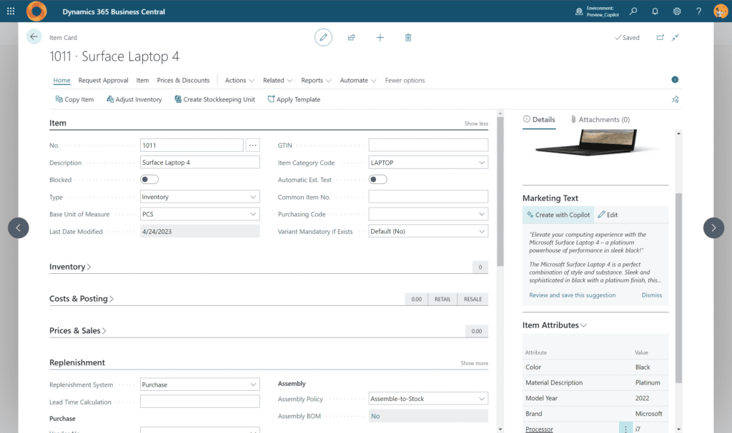 Genereer productteksten met de Dynamics 365 Business Central Copilot
